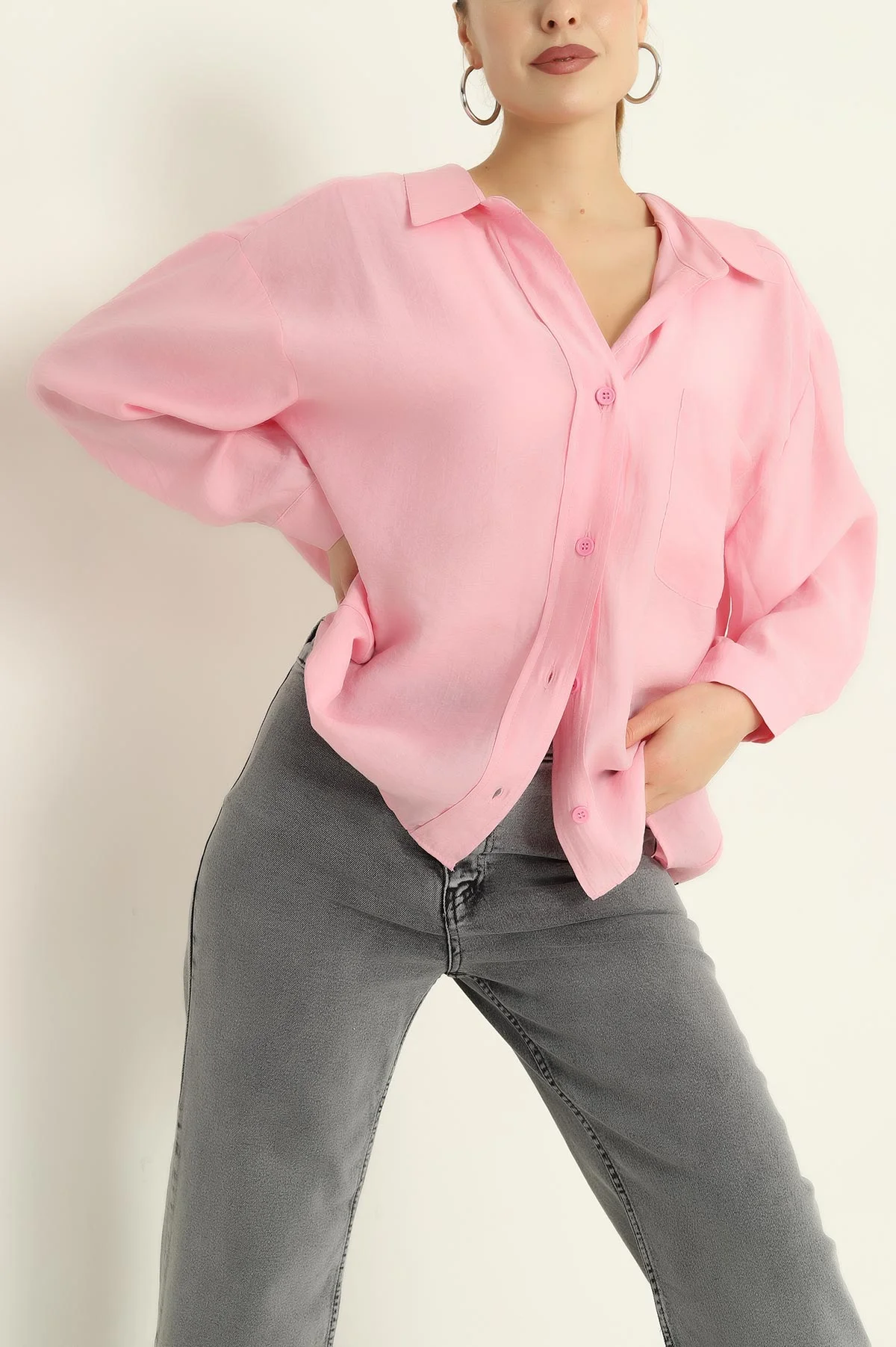 Toz Pembe Dokuma Keten Oversize Bayan Gömlek 327848