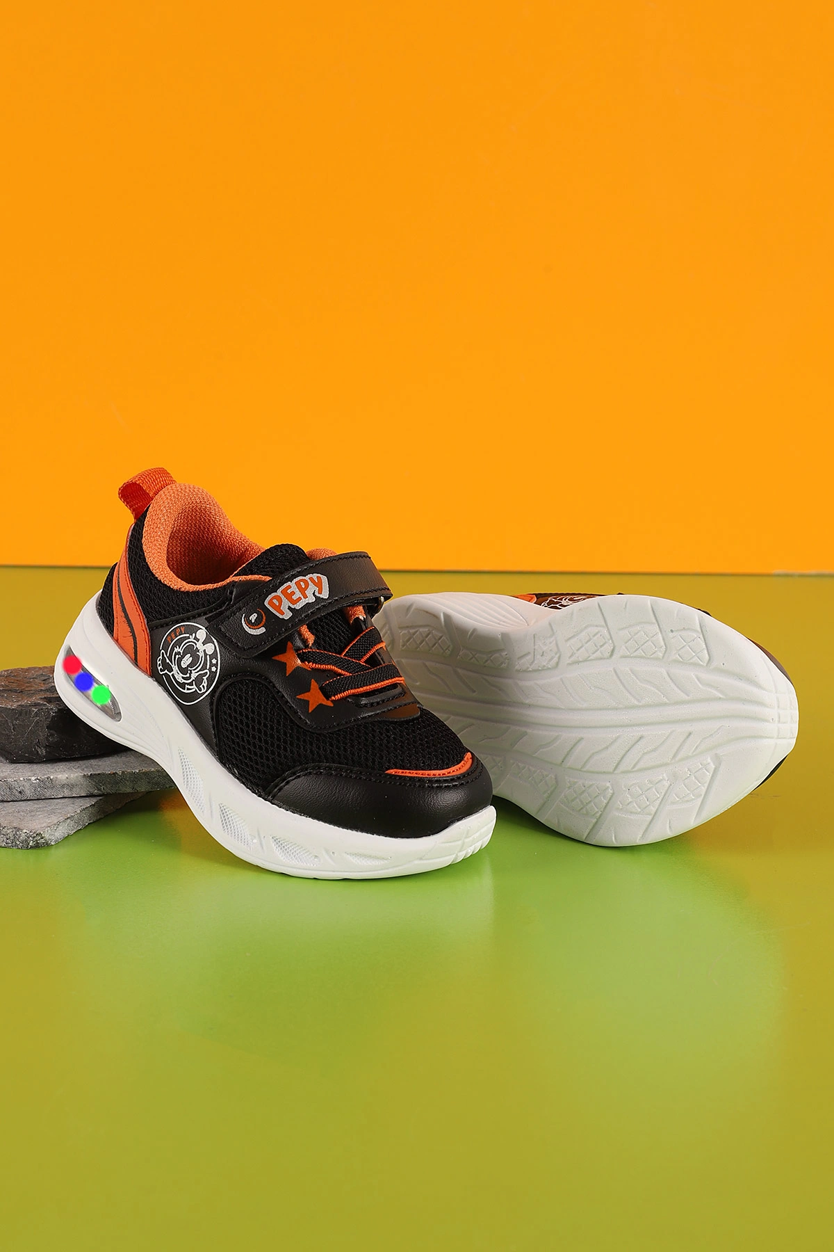 Turuncu (22-25)Kalın Taban Işıklı Cırtlı Bebek Spor Ayakkabı 351202