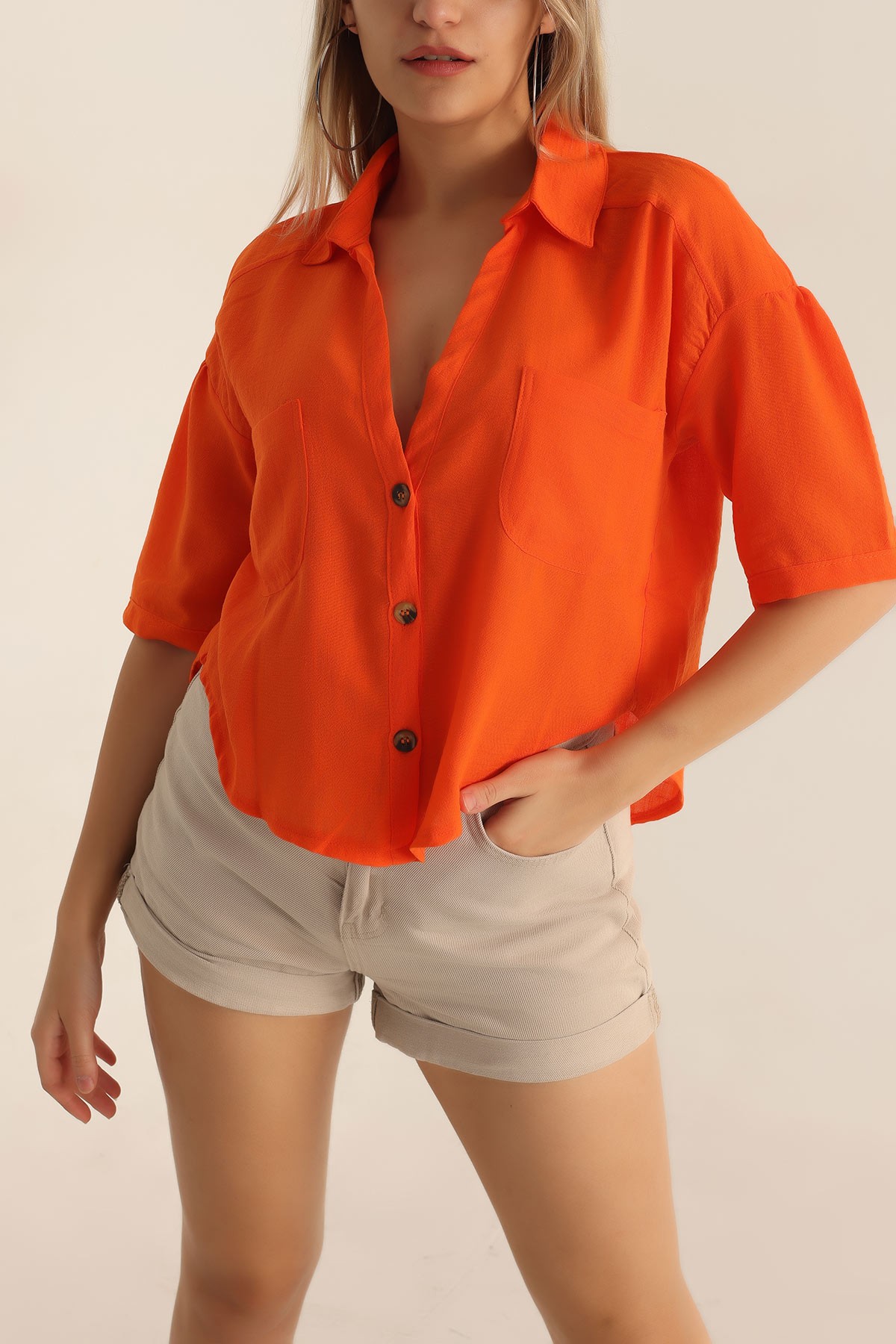 Turuncu Çift Cepli Bayan Keten Gömlek 188591 | ModamızBir | Modamizbir.Com