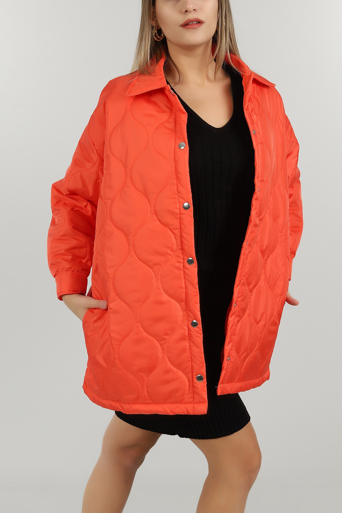 Turuncu Çıt Çıtlı Bayan Mont 146408 | ModamızBir | Modamizbir.Com