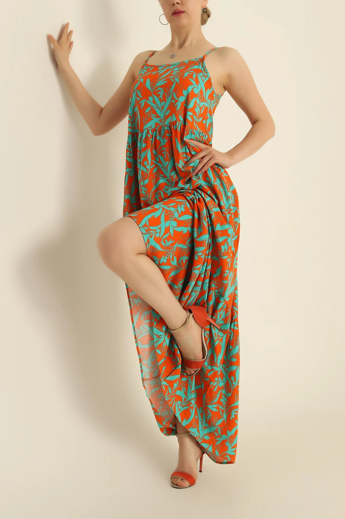 Turuncu Desenli İp Askılı Dokuma Elbise 283117 | ModamızBir ...