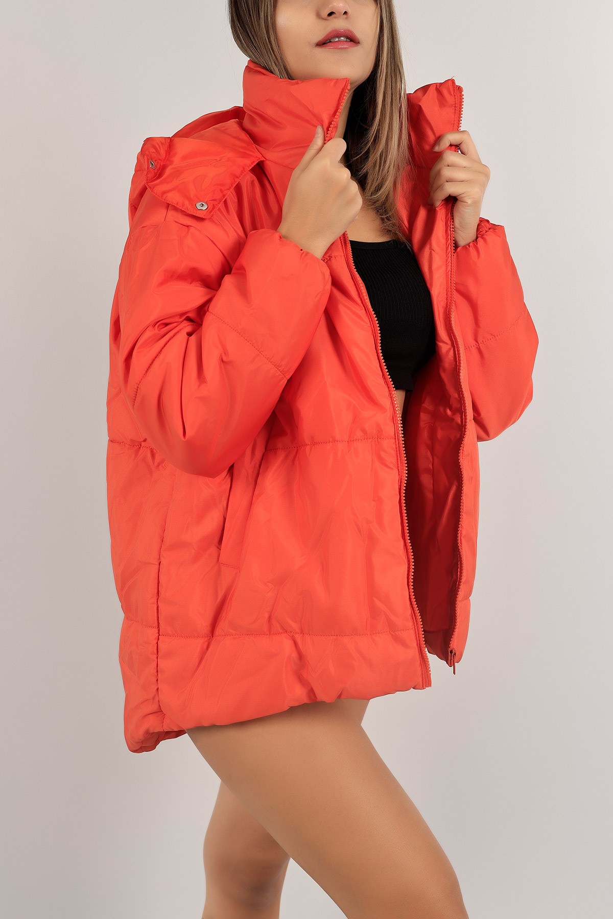 Turuncu Kapüşonlu Bayan Mont 138446 | ModamızBir | Modamizbir.Com