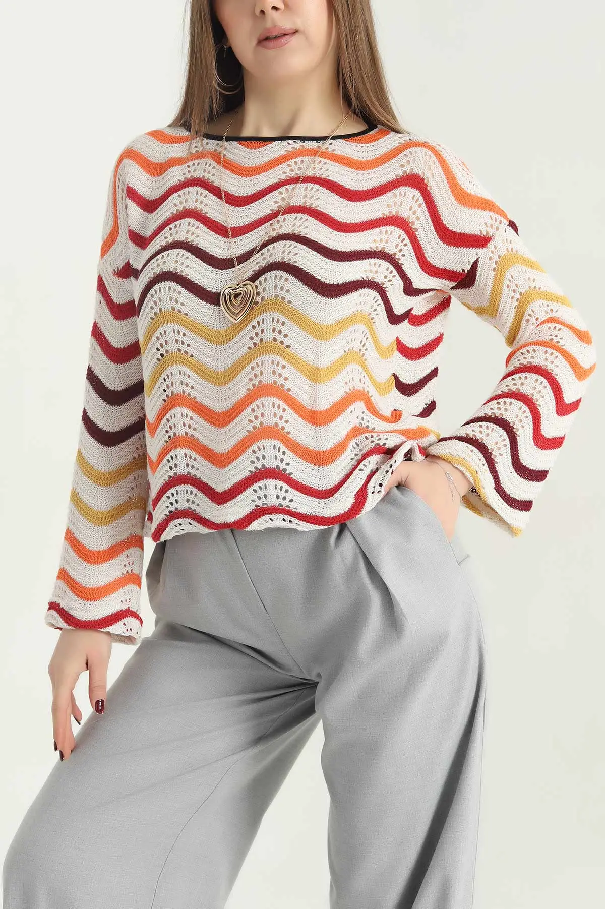 Turuncu Kolyeli Bisiklet Yaka Triko Kazak 341203