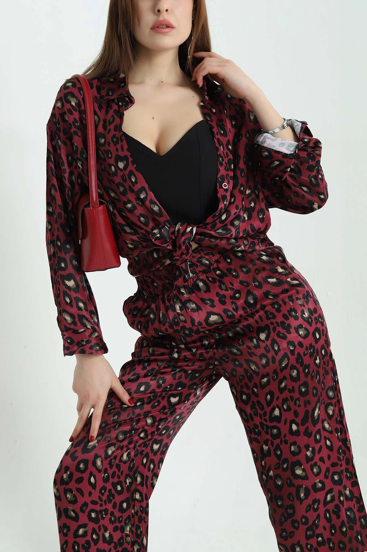 Vişne Leopar Desenli Bayan Saten İkili Takım 333040