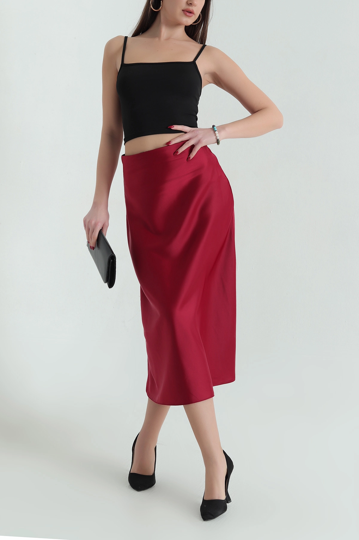 Vişne Saten Beli Lastikli Etek 334810