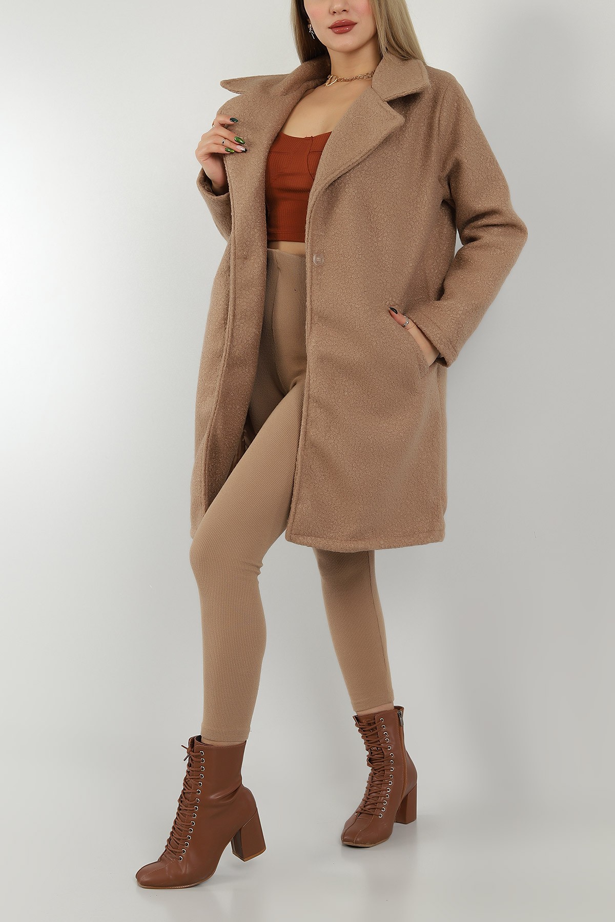 Vizon Astarlı Buklet Kaşe Bayan Kaban 147042 | ModamızBir | Modamizbir.Com