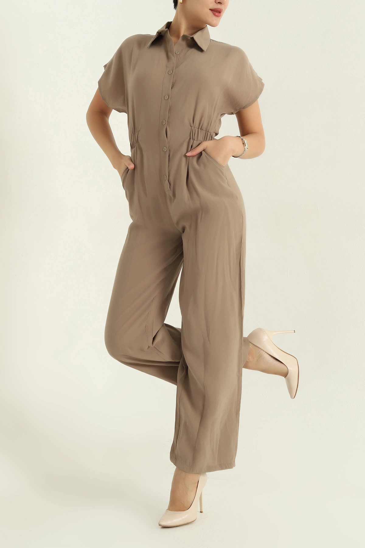 Vizon Düğmeli Gömlek Yaka Modal Kadın Tulum 366703