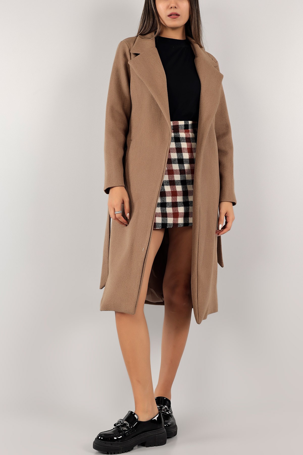 Vizon Kemerli Bayan Kaşe Kaban 129241 | ModamızBir | Modamizbir.Com