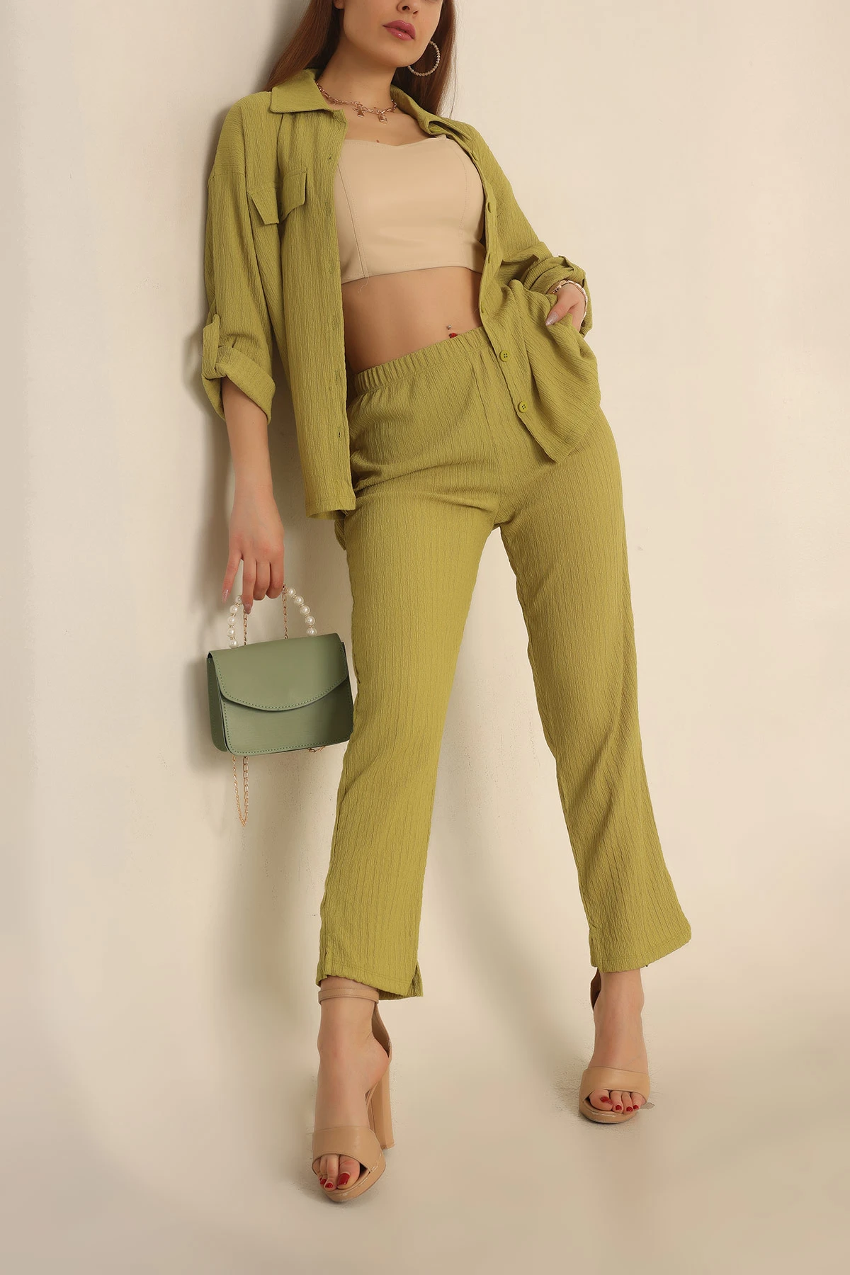 Yağ Yeşili Gofre Kumaş Bayan İkili Takım 239242 | ModamızBir ...