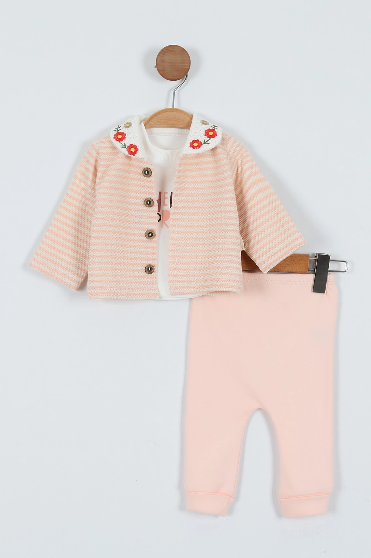 Yavruağzı (0-9 Ay) Yaka Çiçek Nakışlı Düğmeli Hırkalı 3'lü Kız Bebek ...