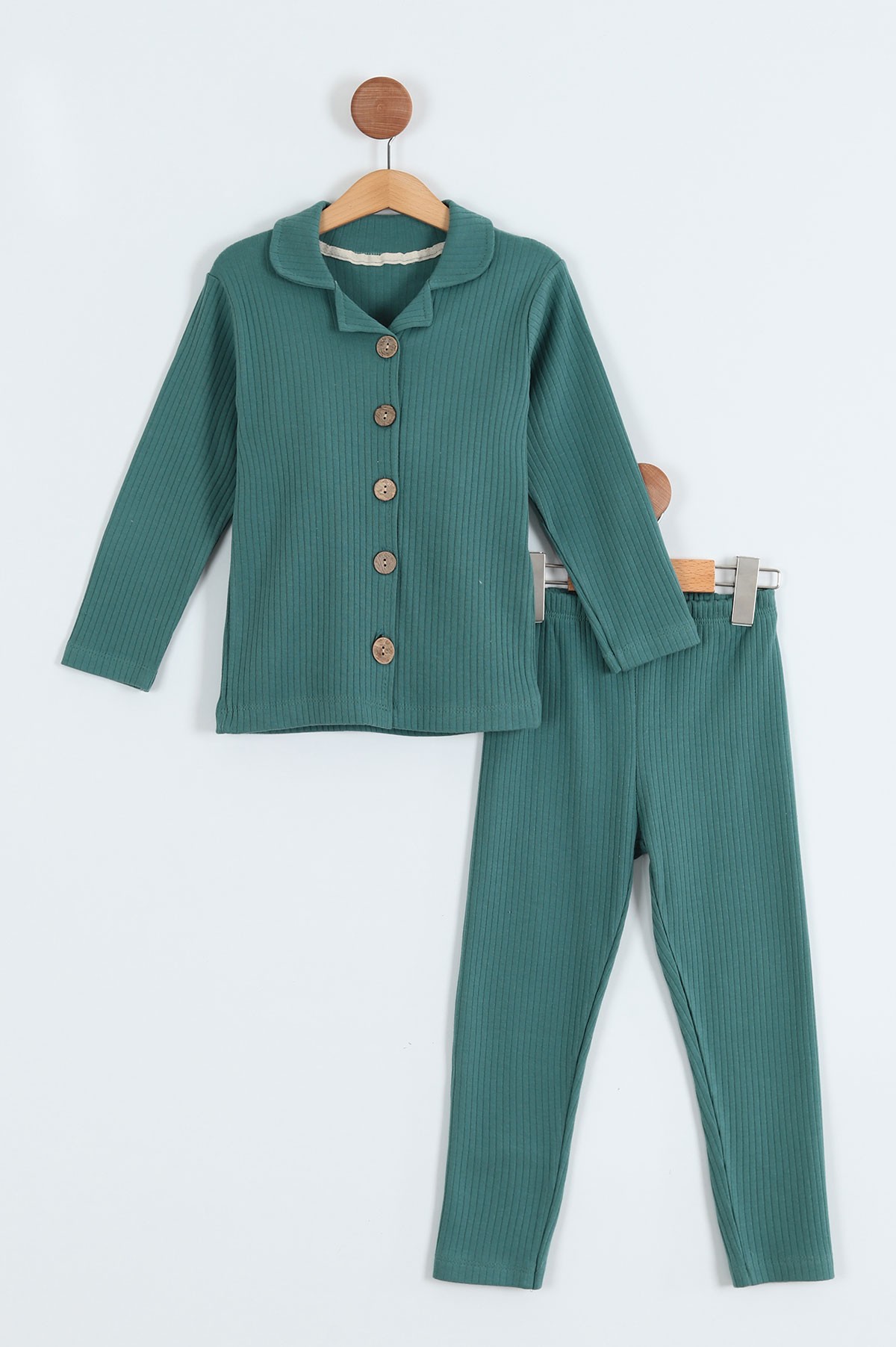 Yeşil (6-9 Yaş) Düğmeli Yaka detaylı Fitilli Kız Çocuk Pijama Takım ...
