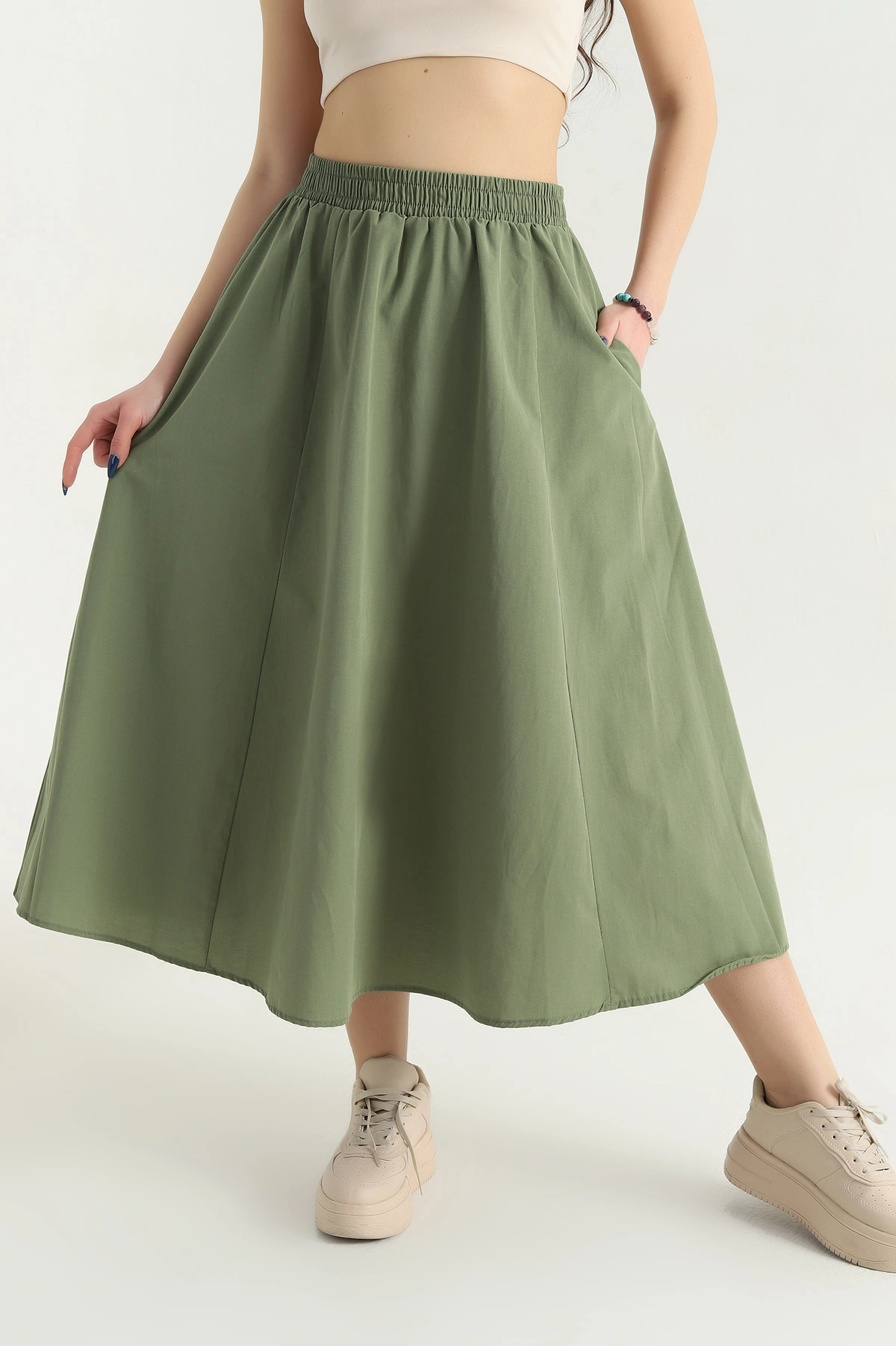 Yeşil Beli Lastikli Cepli Poplin Kloş Etek 339213