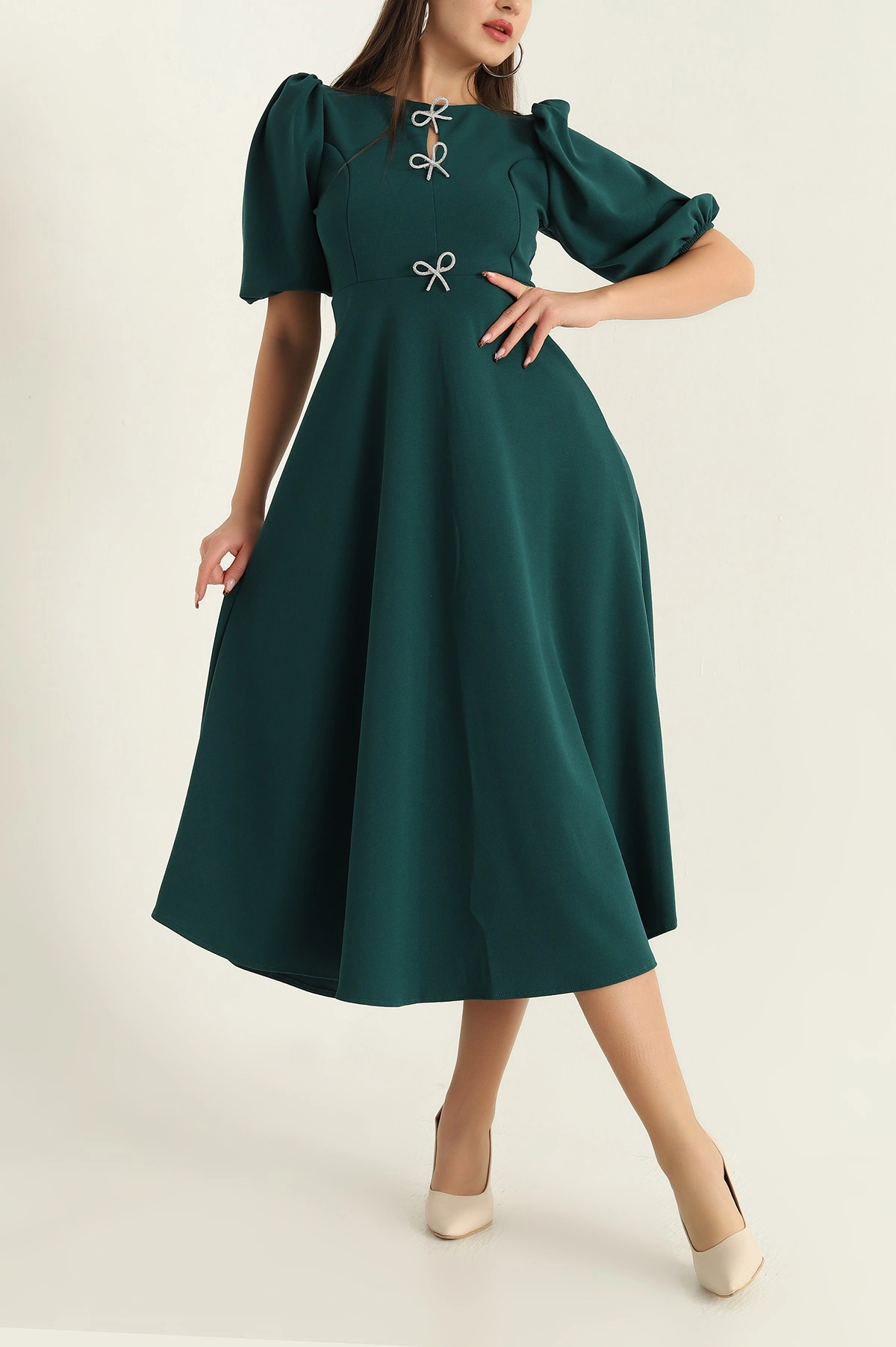 Yeşil Broş Detay Tasarım Krep Elbise 313606