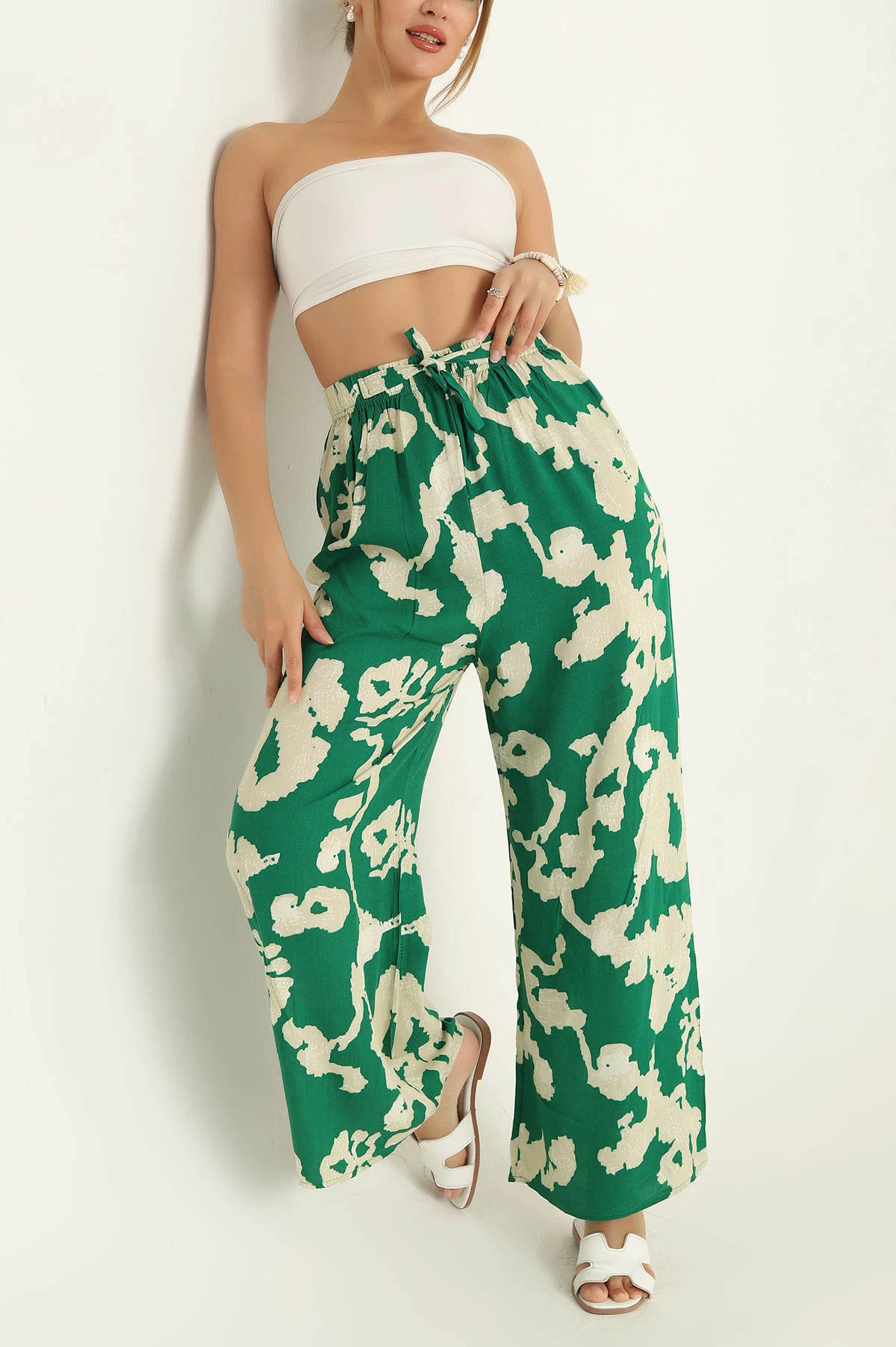 Yeşil Desenli Dokuma Viskon Bayan Pantolon 290720