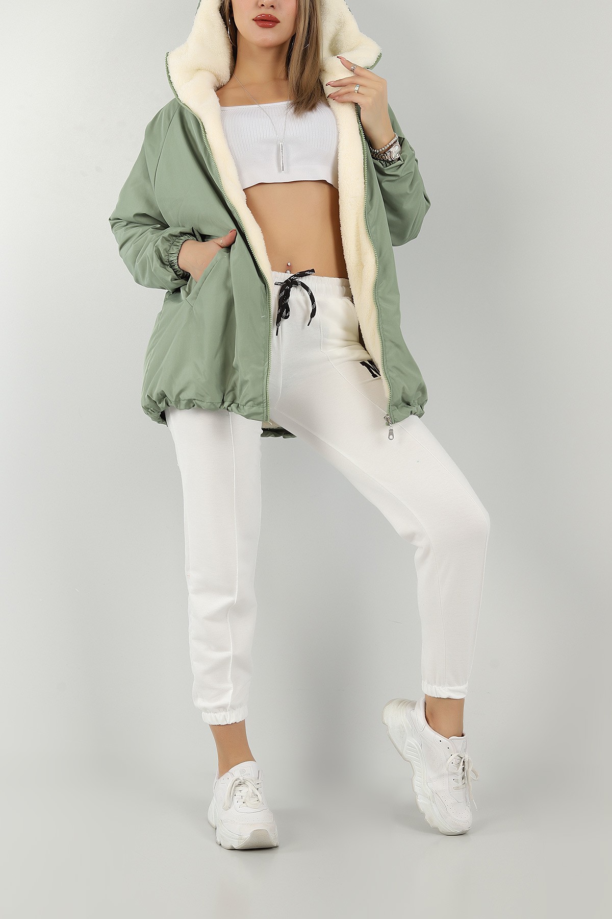 Yeşil İçi Komple Kürklü Bayan Mont 145281 | ModamızBir | Modamizbir.Com