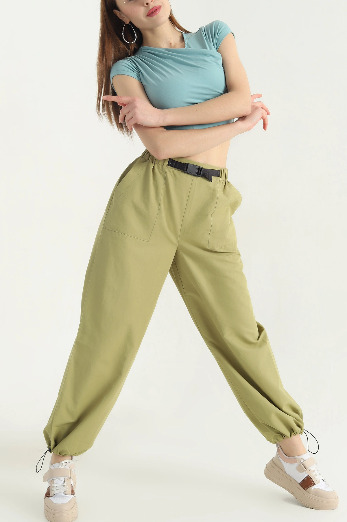 Yeşil Kemerli Lastikli Pamuklu Poplin Pantolon 341334