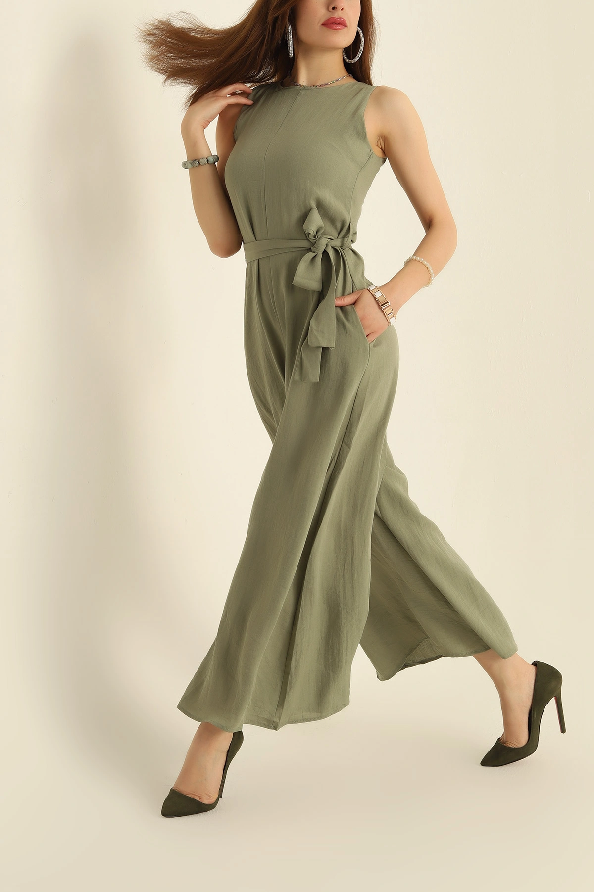 Yeşil Keten Kemerli Cepli Bayan Tulum 282126 | ModamızBir | Modamizbir.Com