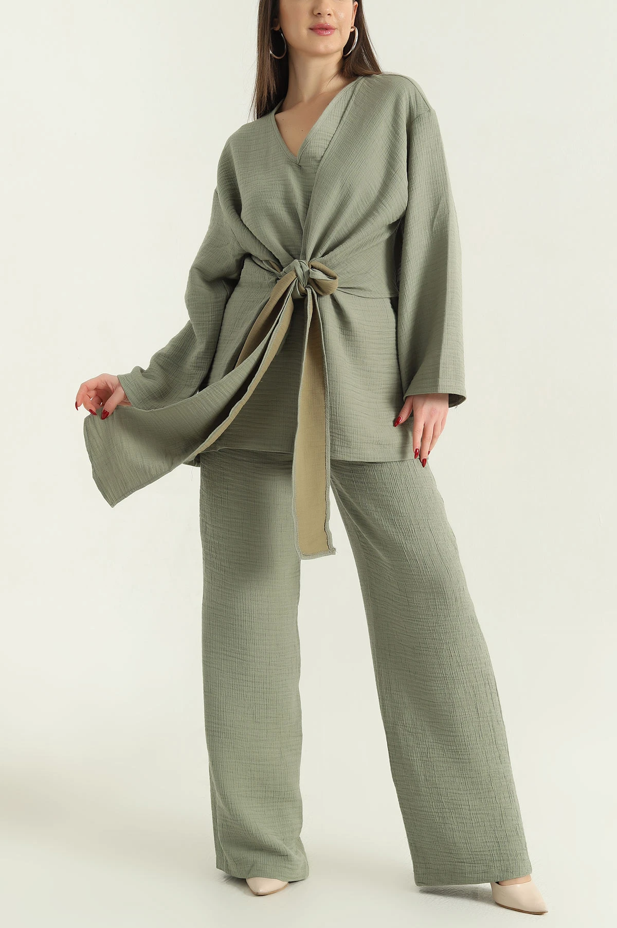 Yeşil Pantolon Kimono Keten Bayan İkili Takım 335072