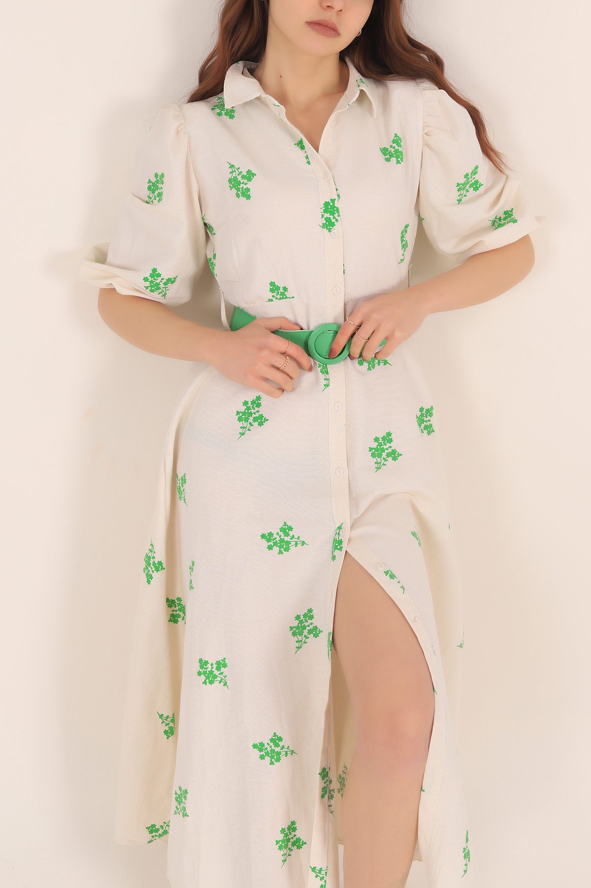 Yeşil Vatkalı Keten Dokuma Elbise 170615 | ModamızBir | Modamizbir.Com