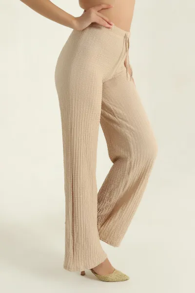 Bej Bel Lastikli Gofre Kadın Pantolon 370077