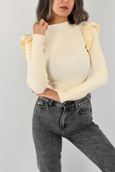 Bej Dik Yaka Bayan Triko Kazak 129678 | ModamızBir | Modamizbir.Com