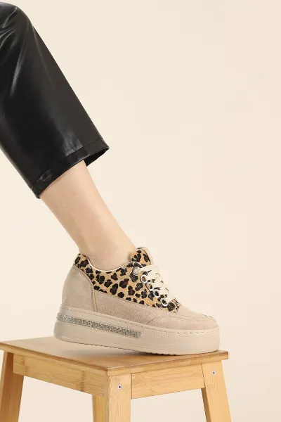 Bej Süet Leopar Desenli Taş Tasarımlı Bağcıklı Kalın Tabanlı Gizli ...