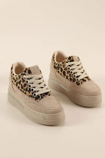 Bej Süet Leopar Desenli Taş Tasarımlı Bağcıklı Kalın Tabanlı Gizli ...