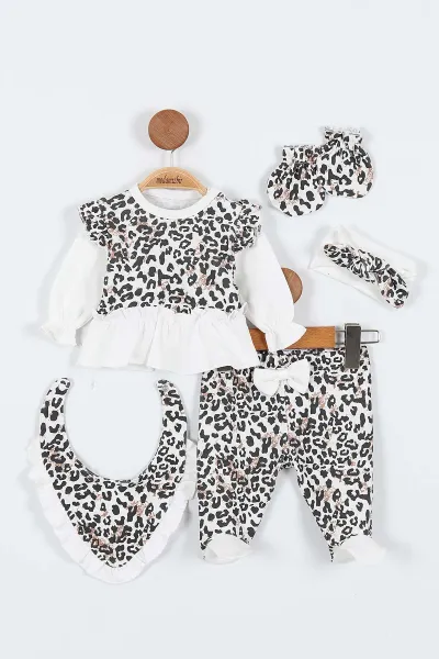 Beyaz (0-3 Ay)Leopar Desenli Fırfırlı Yeni Doğan Kız Bebek 5'li Zıbın ...