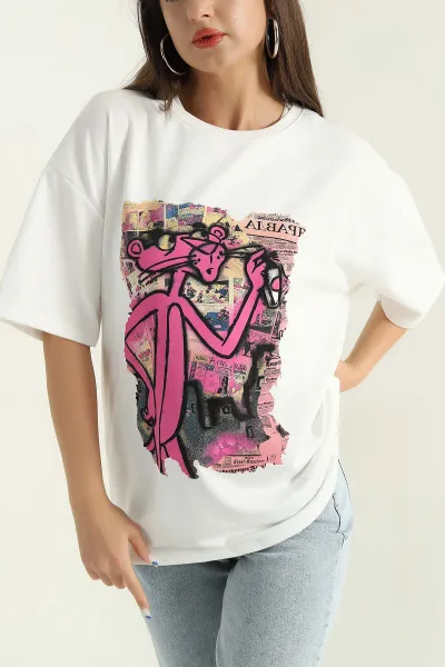 Beyaz Baskılı Kristal Oversize Kadın Tişört 367886