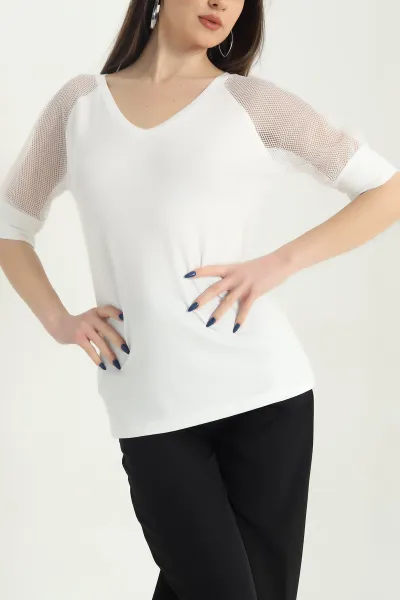 Beyaz Reglan Kol Fileli Viskon Bluz 344665