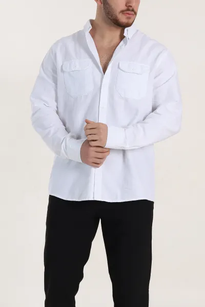Beyaz Relaxed Fit Gabardin Çift Cep Detaylı Ata Yaka Erkek Gömlek 339107
