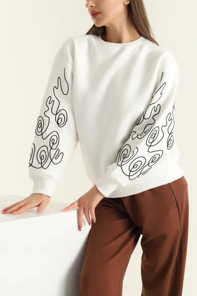 Beyaz Şardonlu Süzene Nakışlı Bayan Sweat 301699