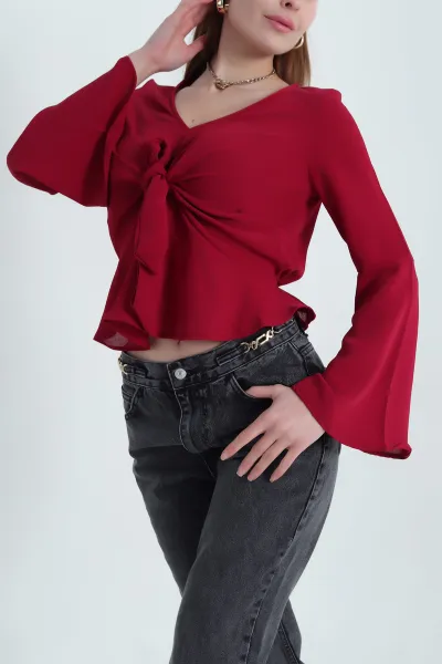Bordo İspanyol Kol Önden Bağlamalı Aerobin Bluz 339241