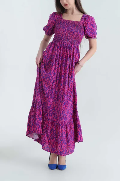 Fuşya Beli Gipeli Dokuma Viskon Kadın Elbise 341850