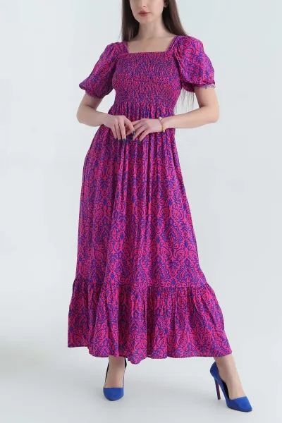 Fuşya Beli Gipeli Dokuma Viskon Kadın Elbise 341850