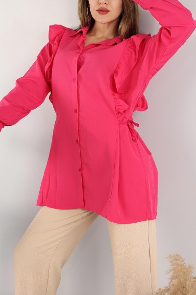 Fuşya Fırfırlı Bağlamalı Polin Kumaş Gömlek 172283 | ModamızBir ...