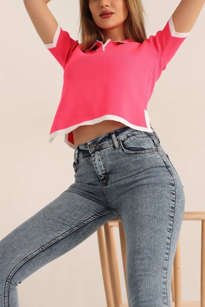 Fuşya Yakalı Triko Bluz 178193 | ModamızBir | Modamizbir.Com