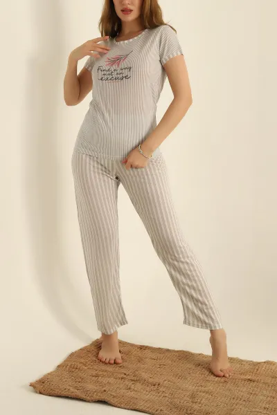 Gri Çizgili Bayan Pijama Takımı 278147 | ModamızBir | Modamizbir.Com