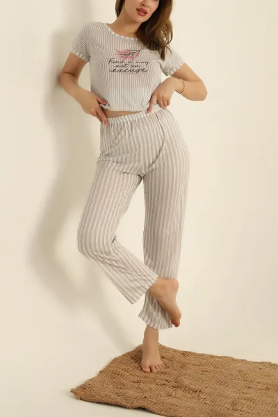 Gri Çizgili Bayan Pijama Takımı 278147 | ModamızBir | Modamizbir.Com