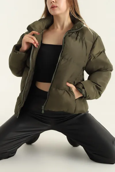 Haki Cepli Dolumlu Şişme Bayan Mont 305271