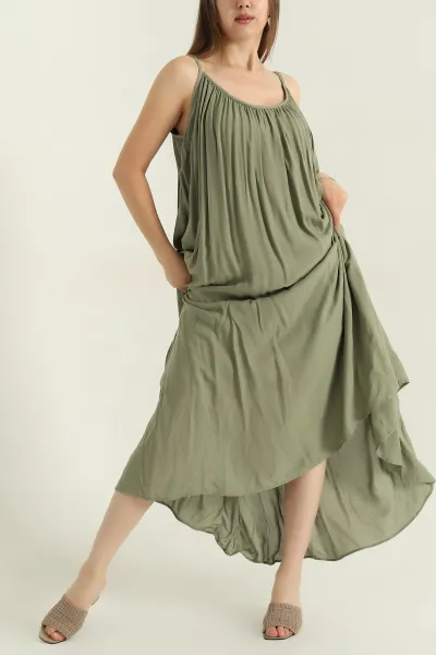 Haki İp Askılı Astarlı Keten Kadın Elbise 368271