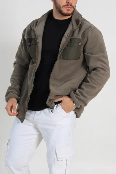 Haki Relaxed Fit Çift Cep Detaylı Fermuarlı Erkek Polar Ceket 316291