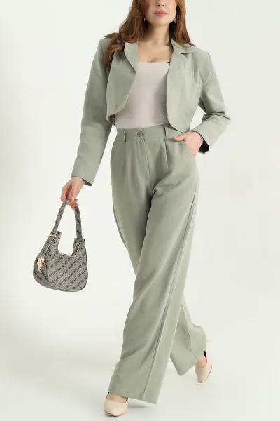 Haki Terni Crop Ceket Pantolon Bayan İkili Takım 338030