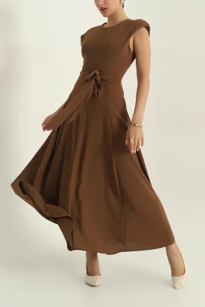 Kahverengi Beli Bağlamalı Crep Kadın Elbise 376388