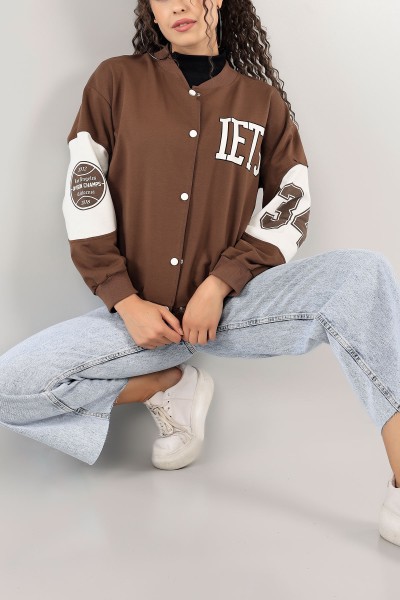 Kahverengi İki İp Baskılı Bayan Kolej Ceket 128444 | ModamızBir ...