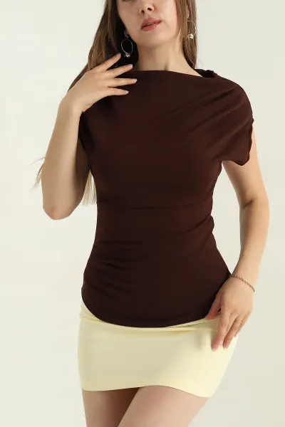 Kahverengi Jakarlı Büzgülü Kadın Bluz 367820