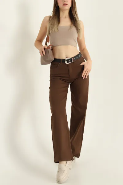 Kahverengi Kemerli Boru Paça Bayan Kot Pantolon 314450