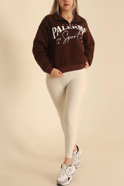 Kahverengi Yakası Fermuarlı Şardonlu Bayan Sweat 218231 | ModamızBir ...