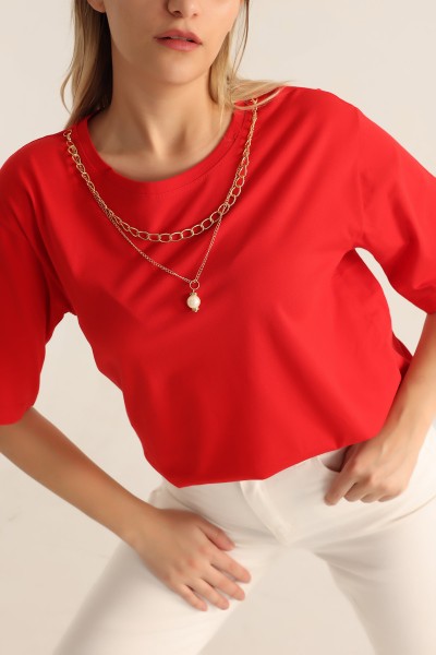 Kırmızı Çıkma Kolyeli Tişört 179145 | ModamızBir | Modamizbir.Com