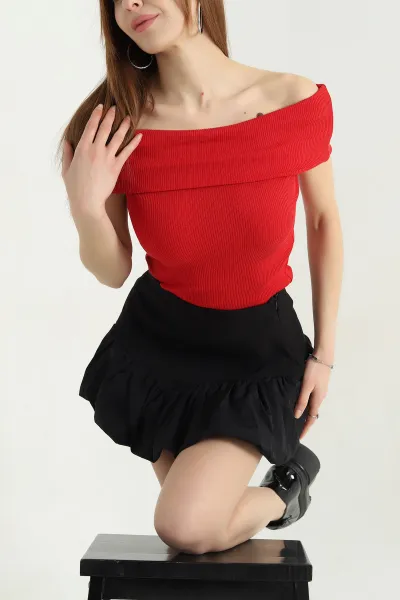 Kırmızı Madonna Yaka Fitilli Bluz 340606